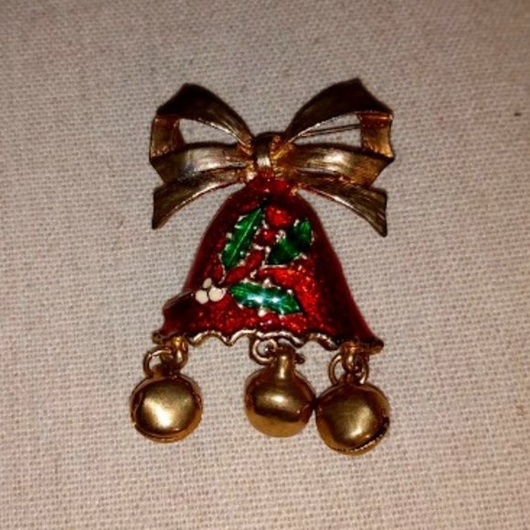 Jewelry | Vintage Christmasholiday Red Gold Tone Bell Brooch | Poshmark